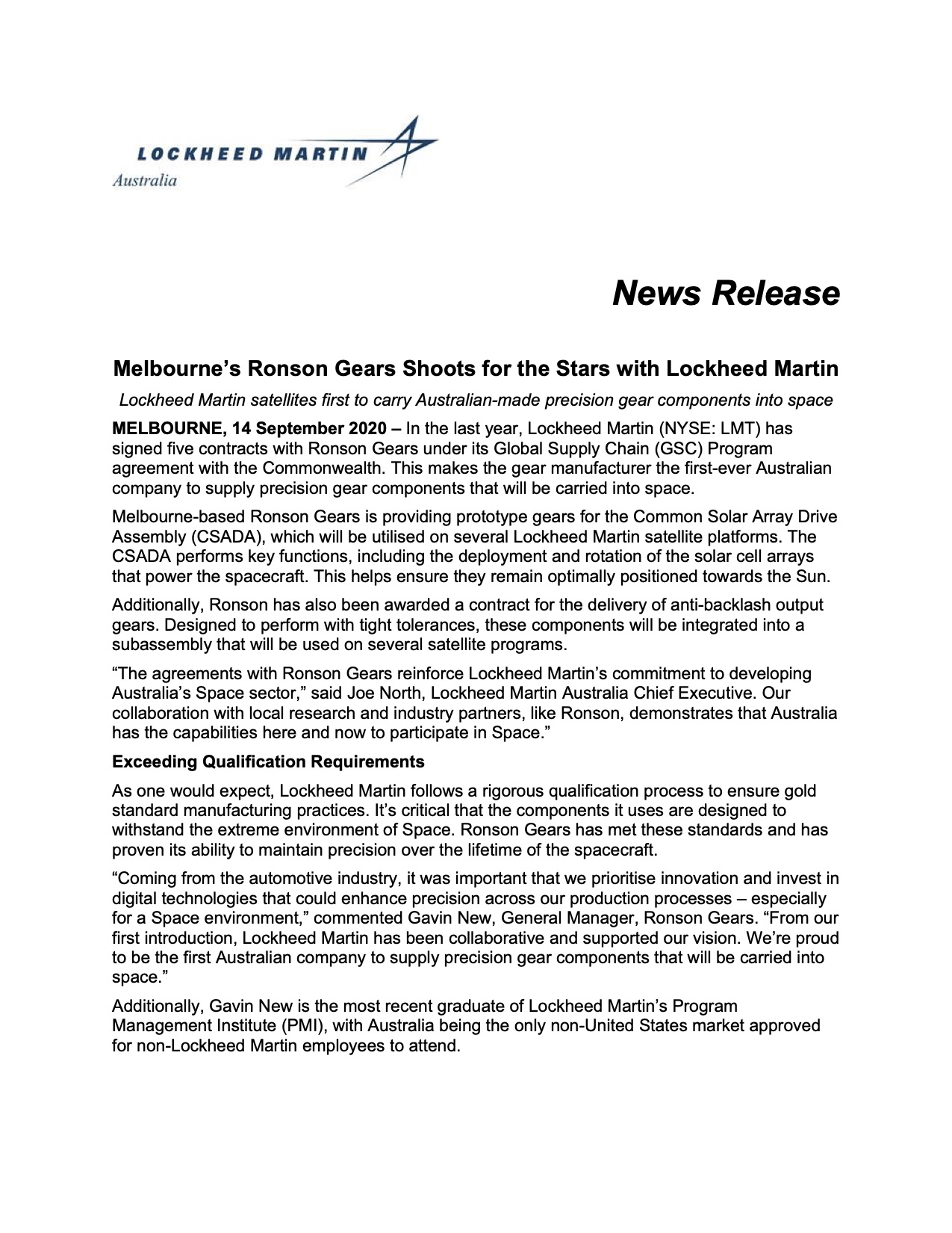 Ronson Gears shoots for the stars with Lockheed Martin - Ronson Gears Australia